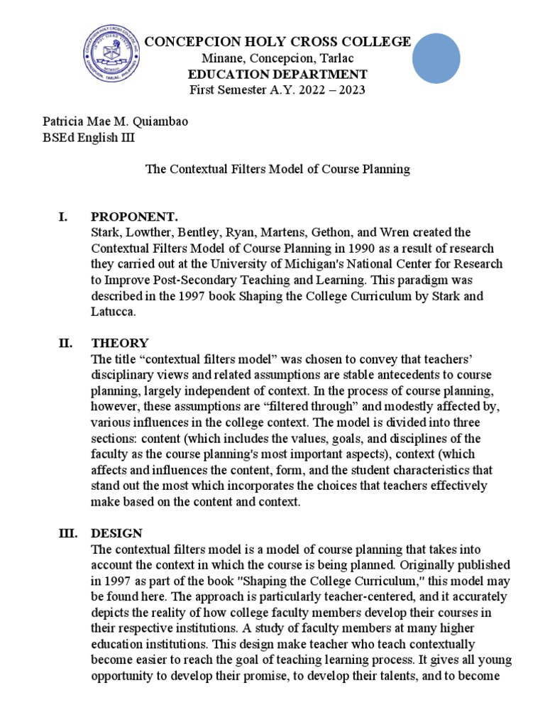 The Contextual Filter Model In Course Planning Pdf Teachers Learning 