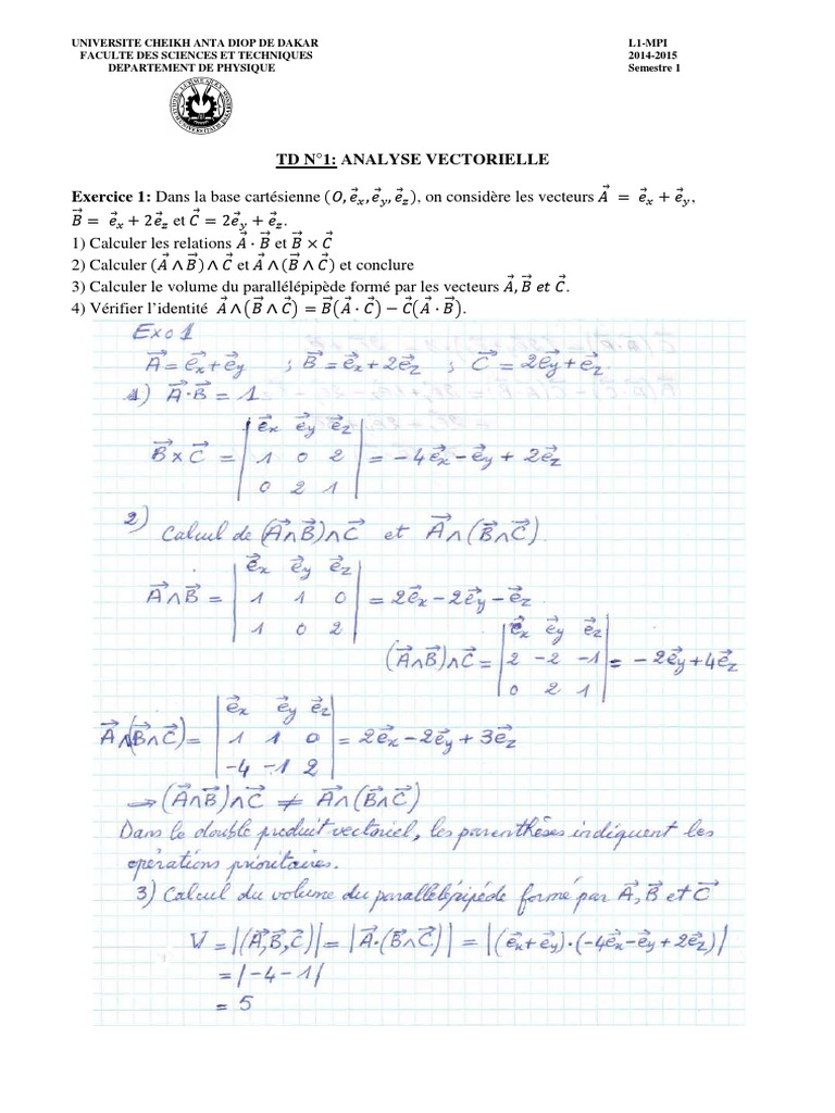 Exercices Corrigés d'Analyse Vectorielle | PDF | Analyse vectorielle ...