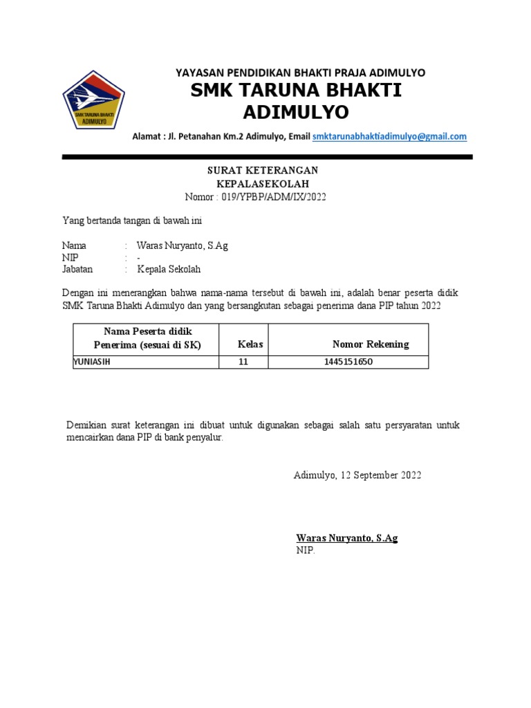 Surat Keterangan Kepsek | PDF