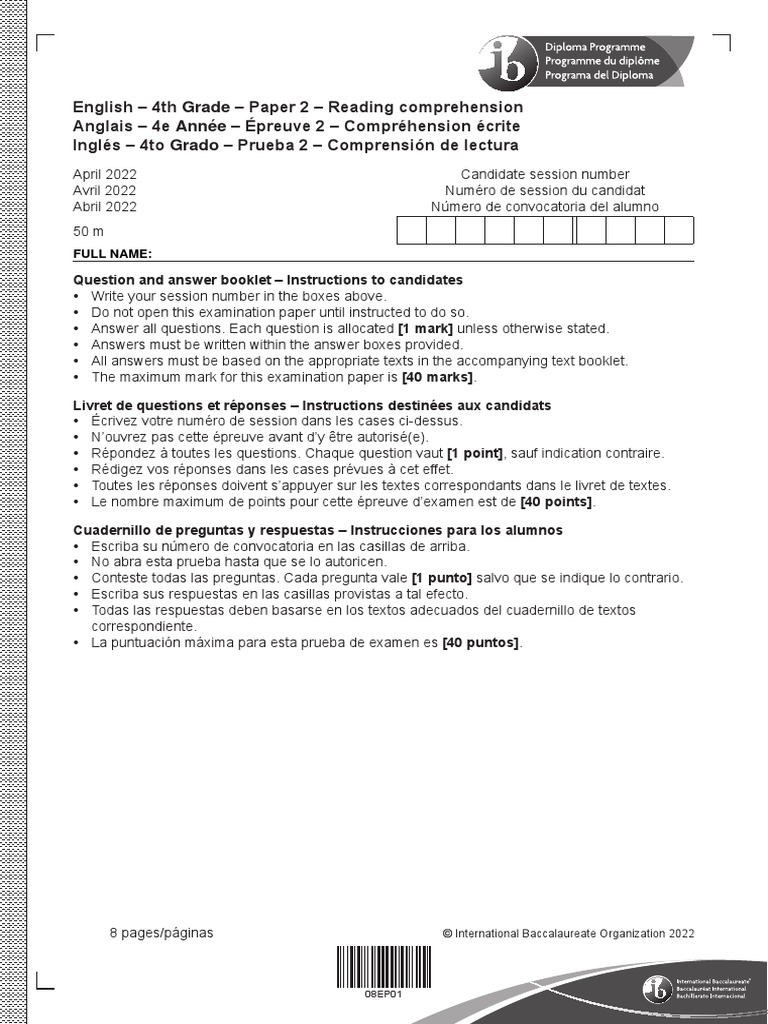 Paper 2 Reading Comprehension Question Booklet 2022 | PDF | Art