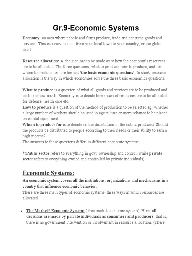 Gr.9 Economic Systems Notes | PDF | Economic System | Profit (Economics)