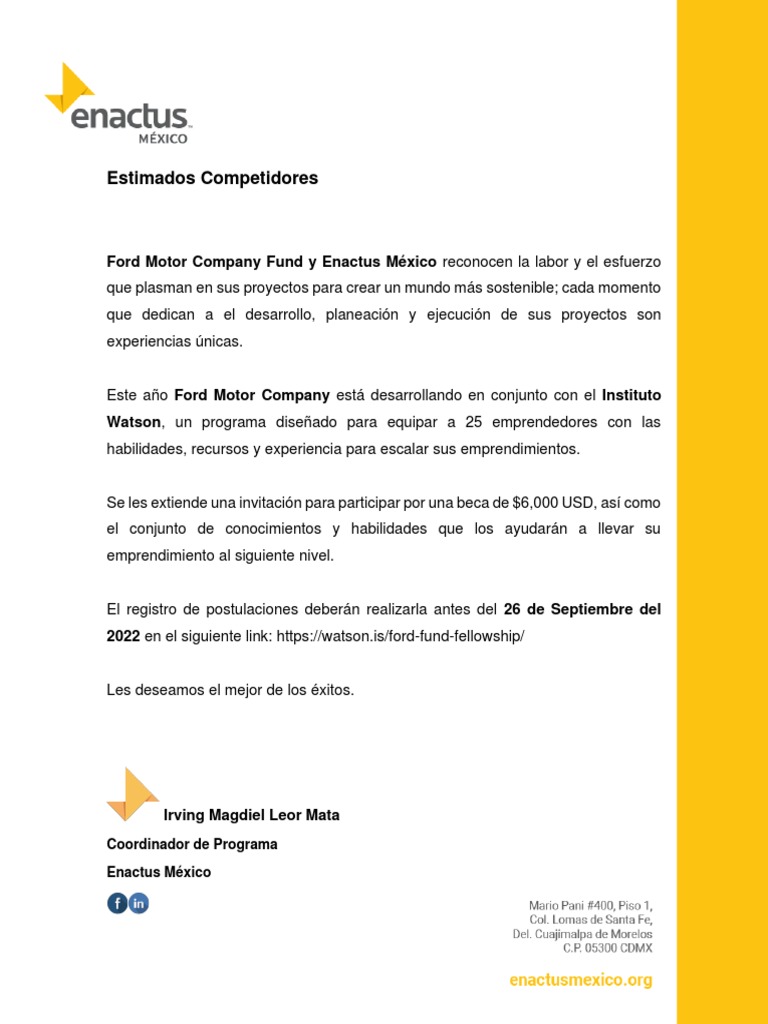 Beca Ford Fellowship para Emprendedores | PDF