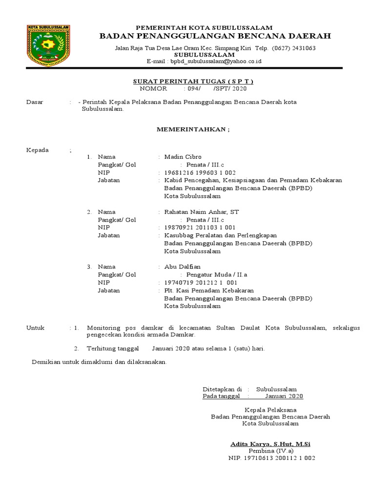 Badan Penanggulangan Bencana Daerah: Surat Perintah Tugas (S P T) | PDF