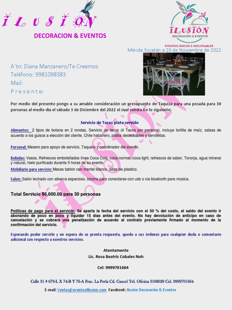 Cotizacion Servicio de Taquiza 29-11-22 | PDF | Taco | Cocina de las ...