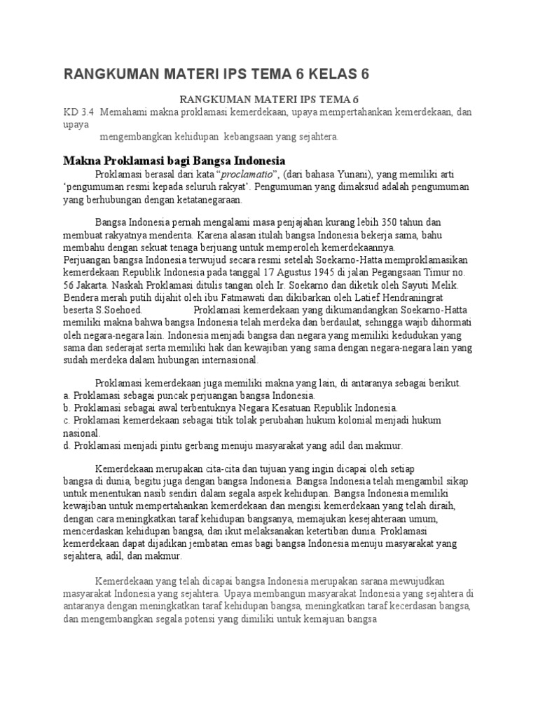 (16.79KB) Rangkuman Materi Ips Tema 6 Kelas 6 | PDF