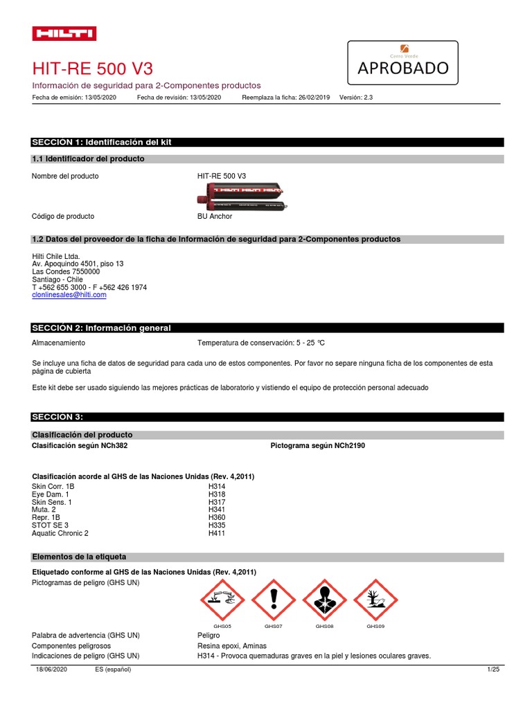 Seguridad del HIT-RE 500 V3 de Hilti | PDF | Agua | Primeros auxilios