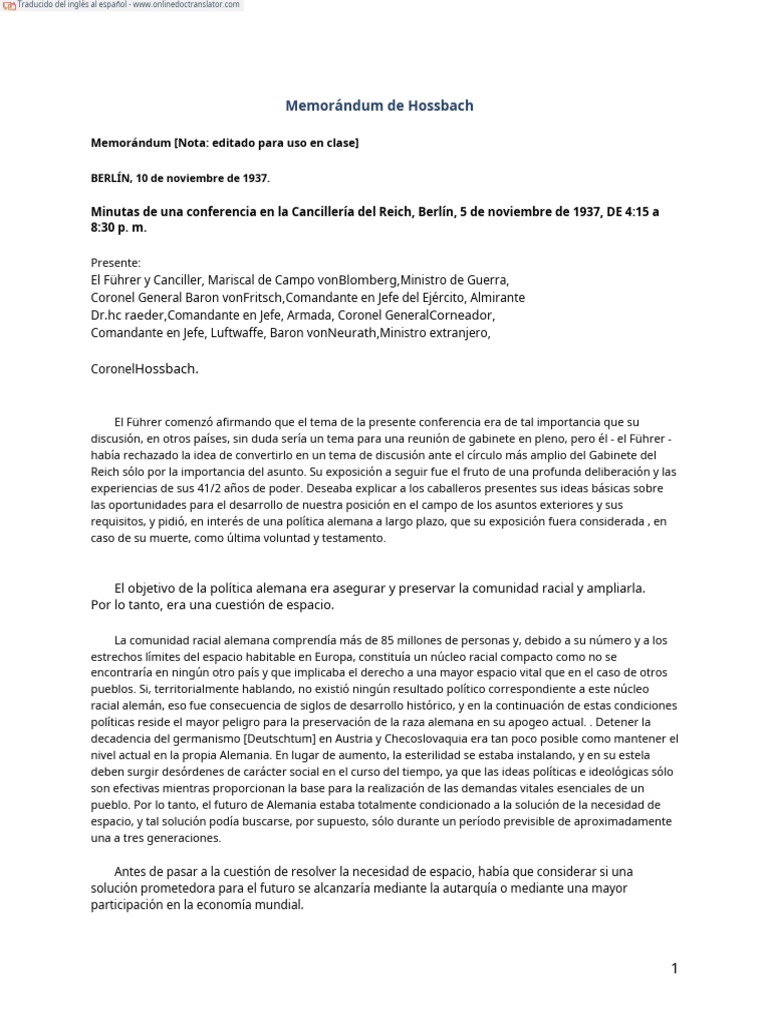 Memorándum de Hossbach: Política Alemana | PDF | Alemania nazi ...