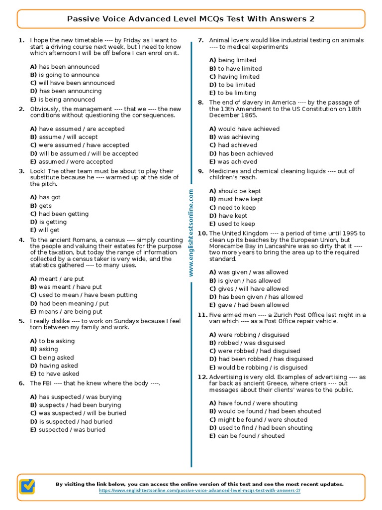 Advanced Passive Voice MCQs Test | PDF | Multiple Choice