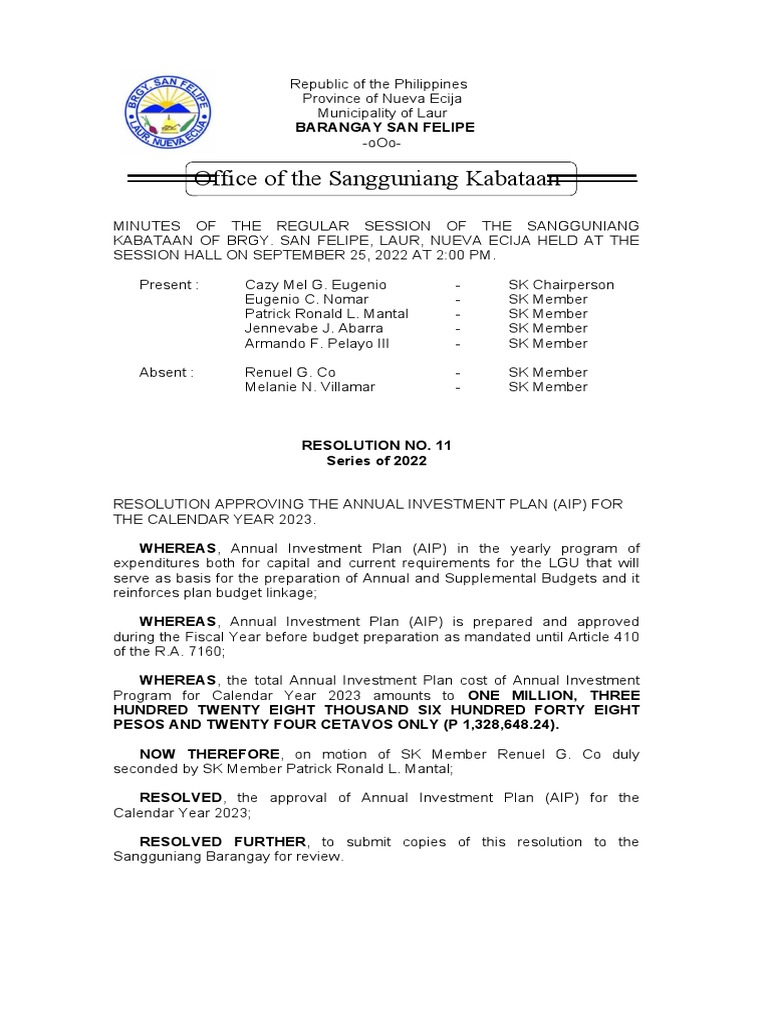 Minutes of the Regular Session of the Sangguniang Kabataan of Brgy. San ...