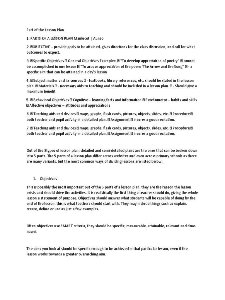 Parts of A Lesson Plan | PDF | Lesson Plan | Teachers