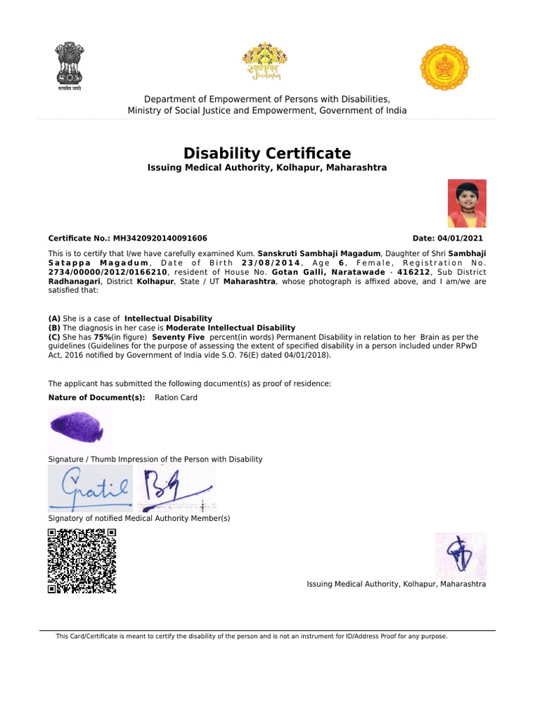Intellectual Disability Certificate Issued | PDF