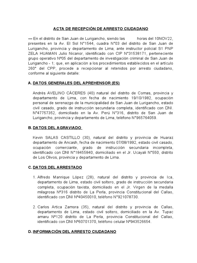 Acta de Recepción de Arresto Ciudadano - en El Distrito de San Juan de ...