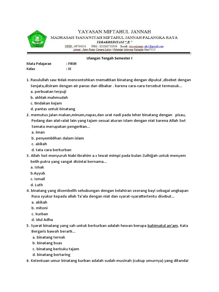Soal UTS PG Dan Essay Fikih Kelas IX | PDF