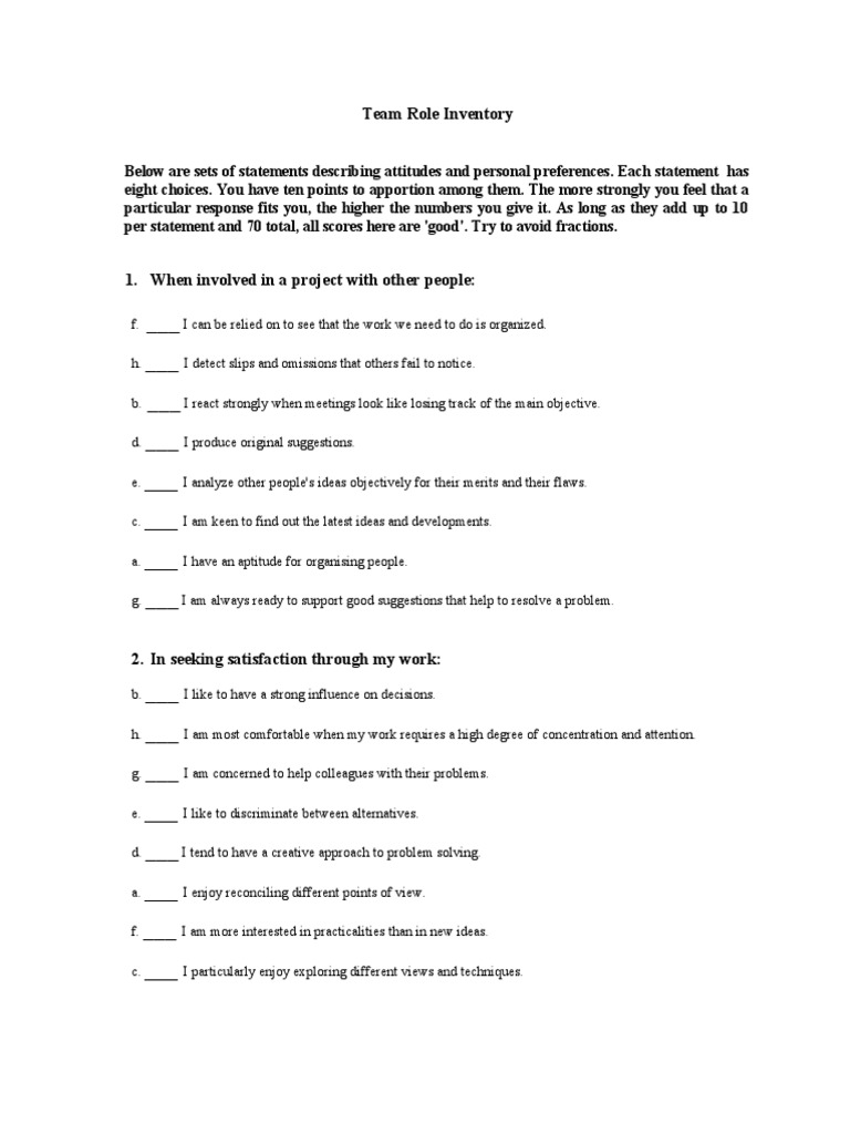 BelbinTeam Questionnaire | PDF | Social Psychology | Cognitive Psychology