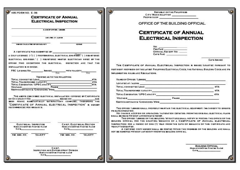 Certificate of Annual Electrical Inspection | PDF | Electrician ...