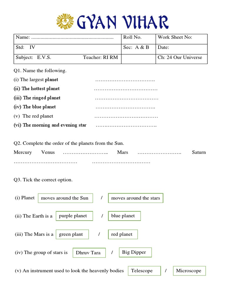 Class 4 E.V.S. Worksheet on Earth | PDF | Earth | Planets