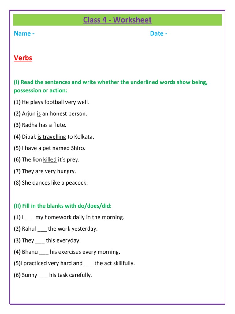 Verbs Class 4 Worksheet Net Explanations Pdf