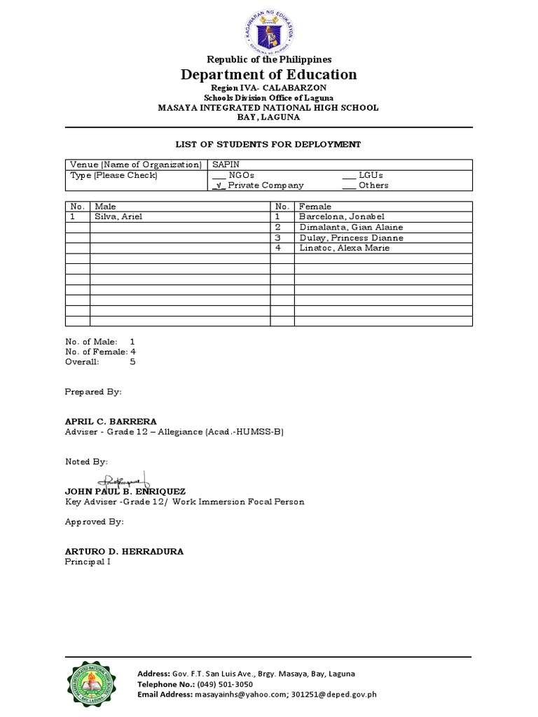 Template List of Students For Deployment HUMSS | PDF