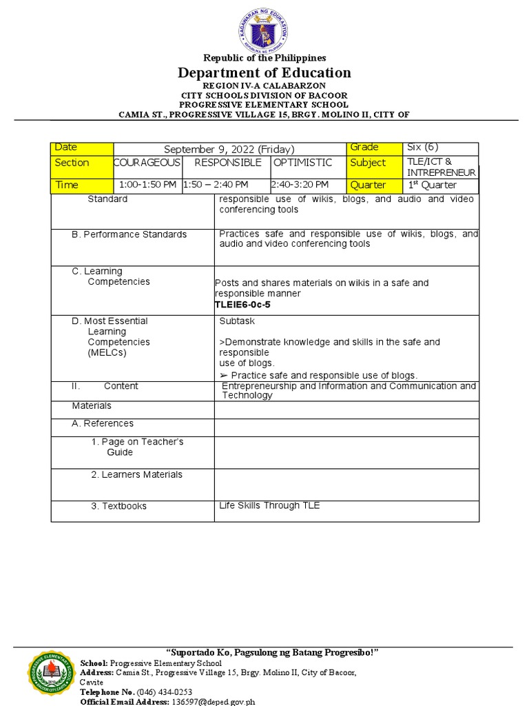 (Week 3 Day 5) Lesson Plan TLE 6 Q1 W1 MELC 1 | Download Free PDF ...