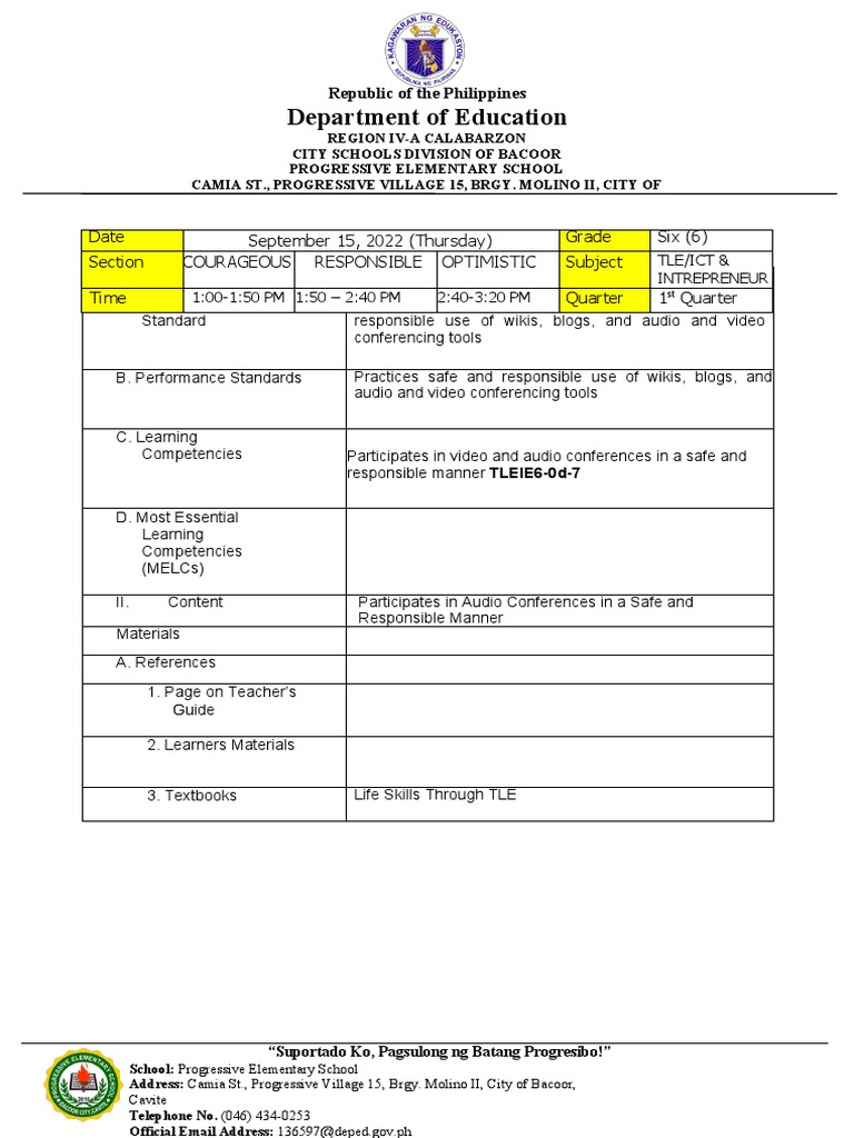 (Week 4 Day 4) Lesson Plan TLE 6 Q1 W1 MELC 1 | PDF | Conference Call ...