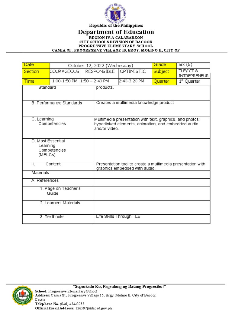 (Week 8 Day 3) Lesson Plan TLE 6 Q1 W1 MELC 1 | PDF | Multimedia | Microsoft Power Point