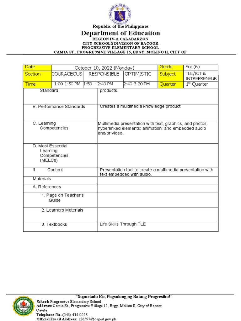 (Week 8 Day 1) Lesson Plan TLE 6 Q1 W1 MELC 1 | PDF | Multimedia | Learning