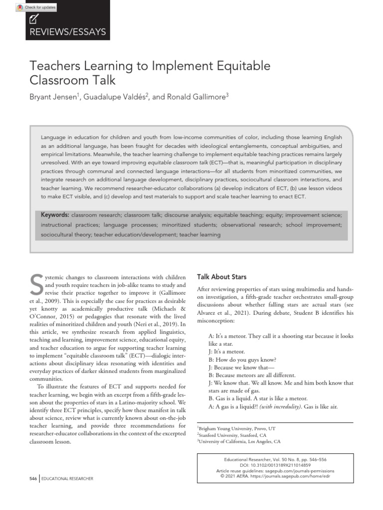 Jensen Et Al. - 2021 - Teachers Learning To Implement Equitable Classroom | PDF | Second ...