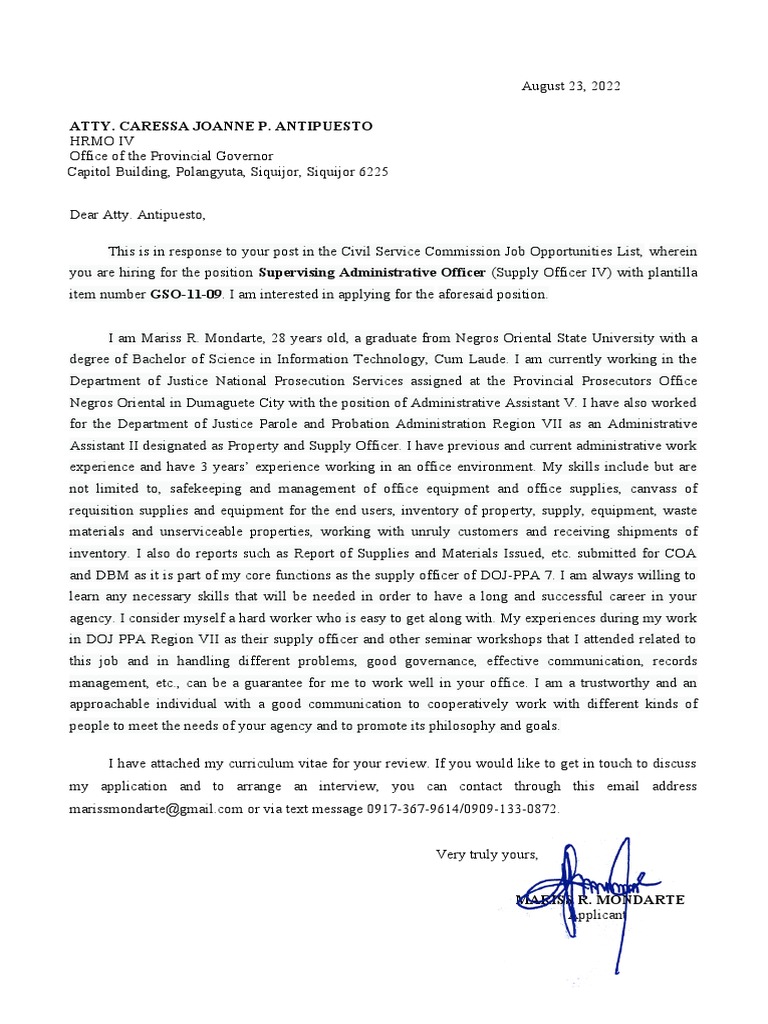 Application Letter PGO Siquijor Supply Officer | PDF