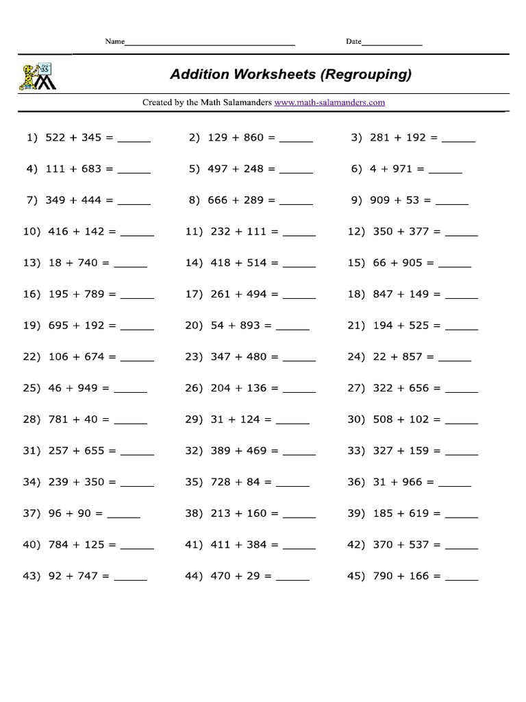 Addition (Regrouping) & Subtraction (Borrowing) | PDF