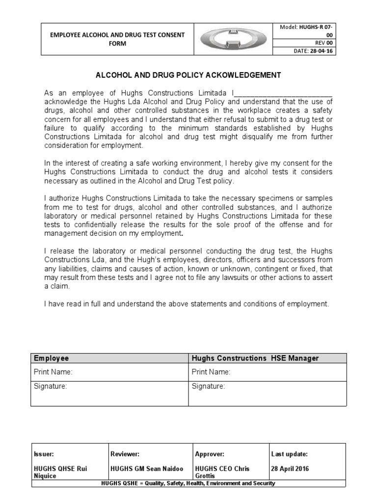 HUGHS - R - 07 Alcohol and Drugs Test Employee Consent Form | PDF ...