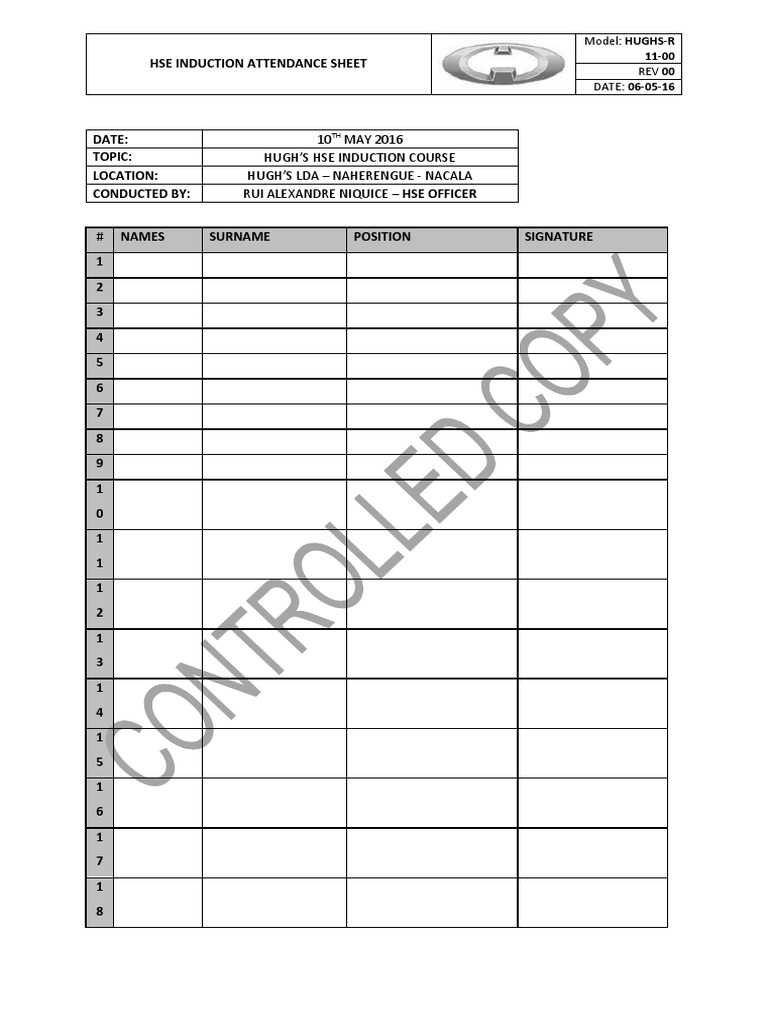 HUGHS_R_11 HSE Induction Attendance Sheet | PDF