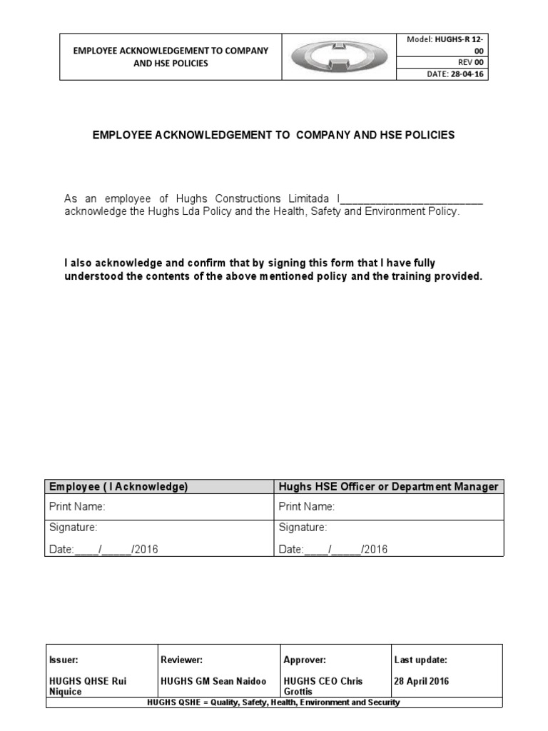 HUGHS - R - 12 Company and HSE Policy Acknowledgement | PDF | Business