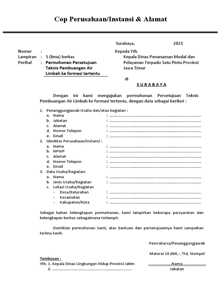 1b Surat Permohonan Pertek PEMBUANGAN Air Limbah Ke Formasi Tertentu ... 1b Surat Permohonan Pertek PEMBUANGAN Air Limbah Ke Formasi Tertentu ...