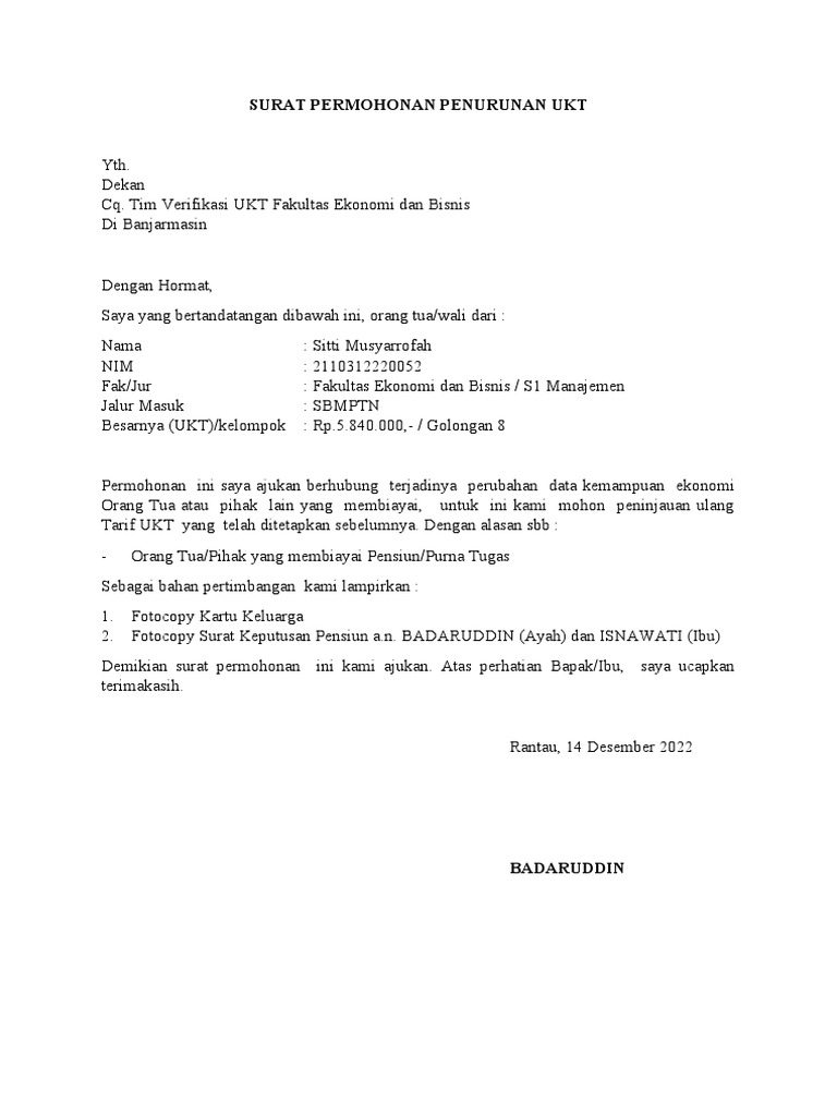 Surat Permohonan Penurunan Ukt | PDF