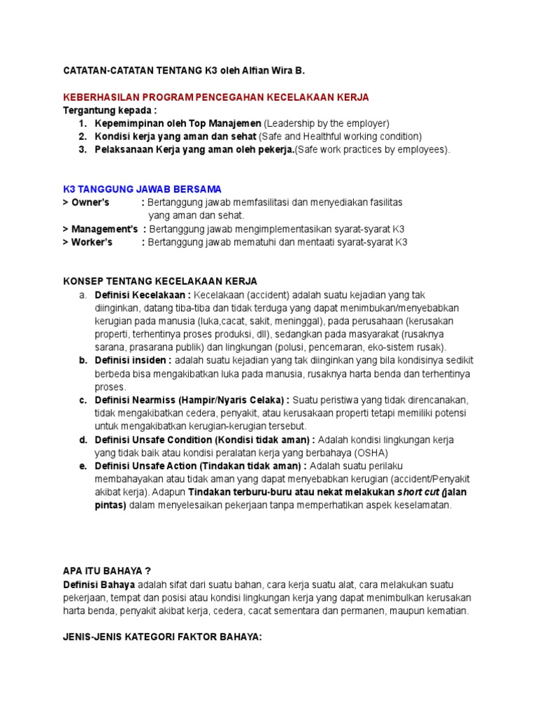 Catatan Materi Tentang Dasar K3 by Alfian Wira B. | PDF