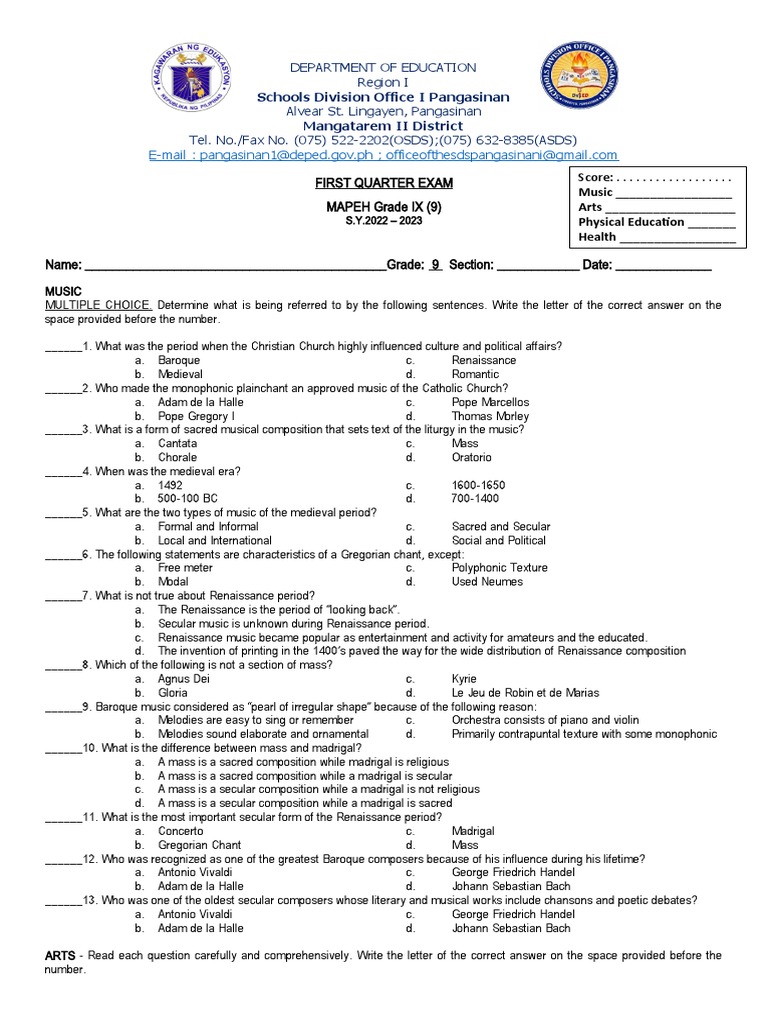 Grade 9 MAPEH First Quarter Exam | PDF | Paintings | Pollution