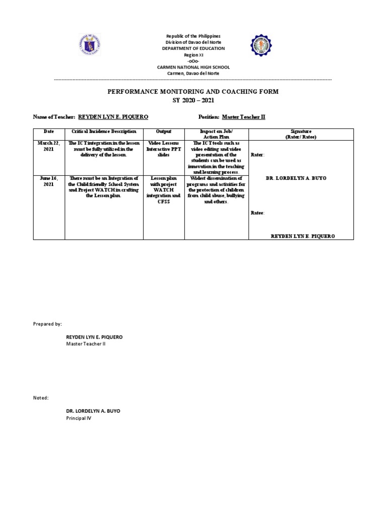 Performance Monitoring and Coaching Form - Piquero | PDF | Educational ...