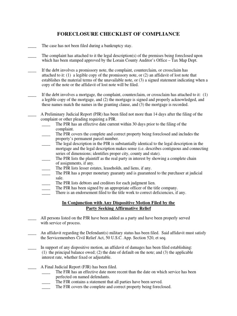 Foreclosure Compliance Checklist Guide | PDF | Foreclosure | Bankruptcy