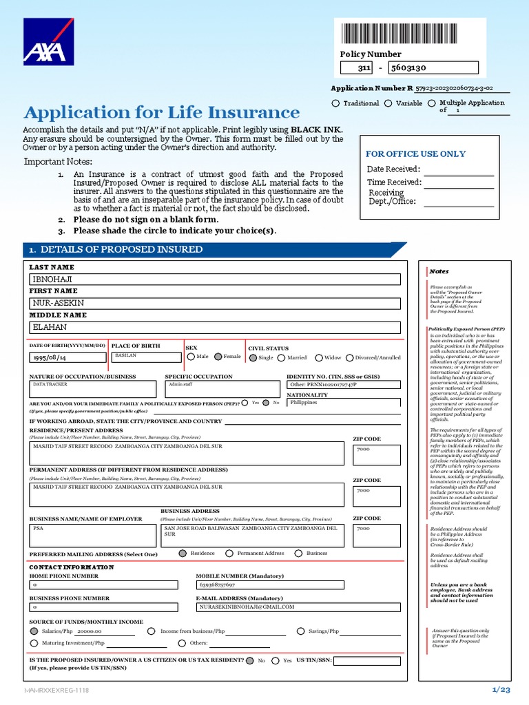 Application For Life Insurance: Important Notes | PDF | Life Insurance ...