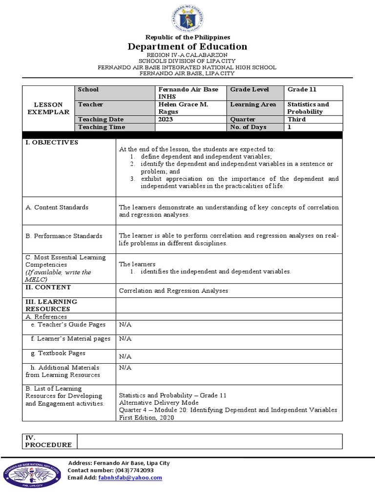 Differentiated Instruction in Statistics and Probability Independent and Dependent Variable With ...