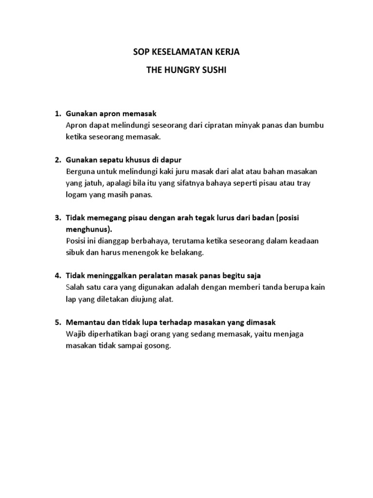 SOP Keselamatan Dapur untuk Memasak | PDF | Kesehatan Holistik ...