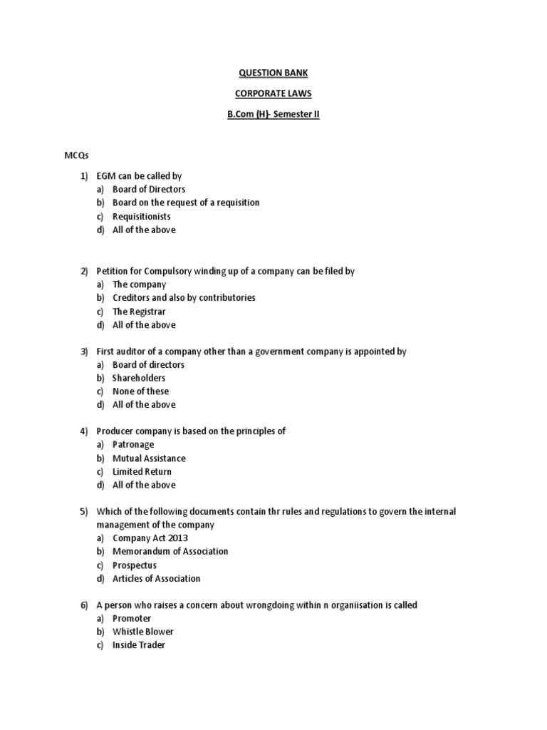 Company Law Question Bank | PDF | Liquidation | Business Economics