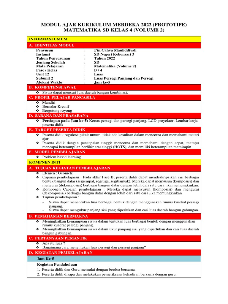 RPP 1 Kelas 4 A Kurmer | PDF