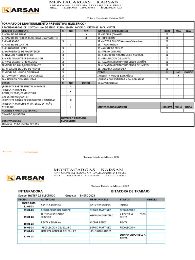 Check List Hyster Electrico 170123 | PDF | Vehículo de motor ...