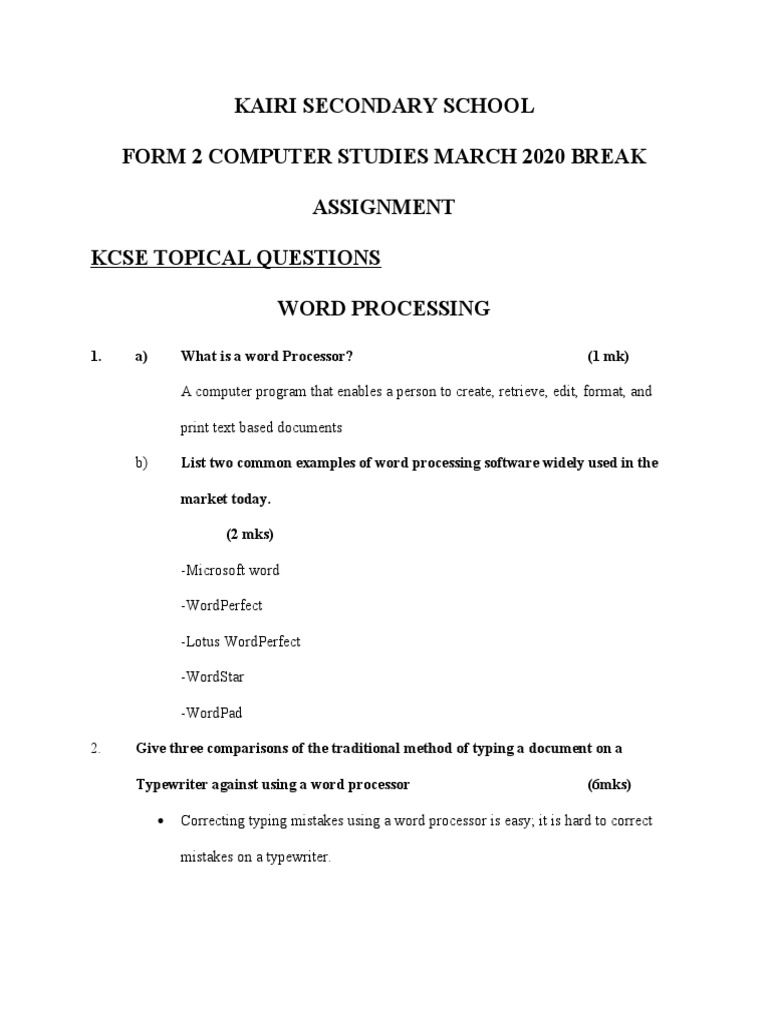 Form 2 March 2020 Break Computer Studies Assignment | PDF | Spreadsheet ...