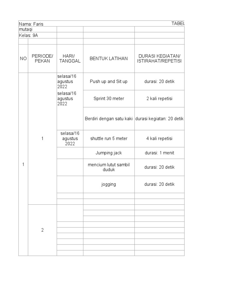 Tabel Program Latihan | PDF