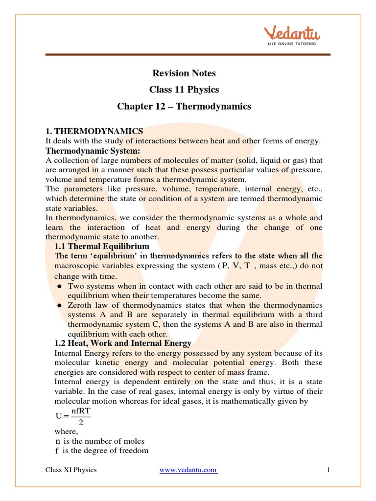 Class 11 Physics Revision Notes Thermodynamics | PDF | Gases | Heat Class 11 Physics Revision Notes Thermodynamics | PDF | Gases | Heat