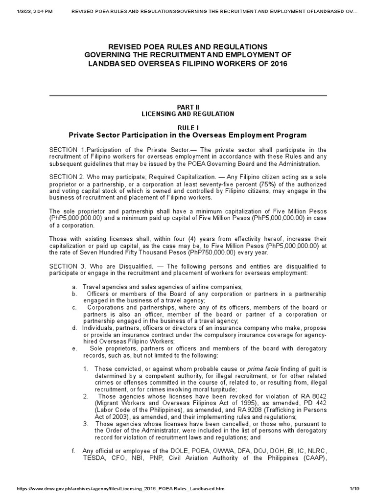 Revised Poea Rules and Regulationsgoverning The Recruitment and ...