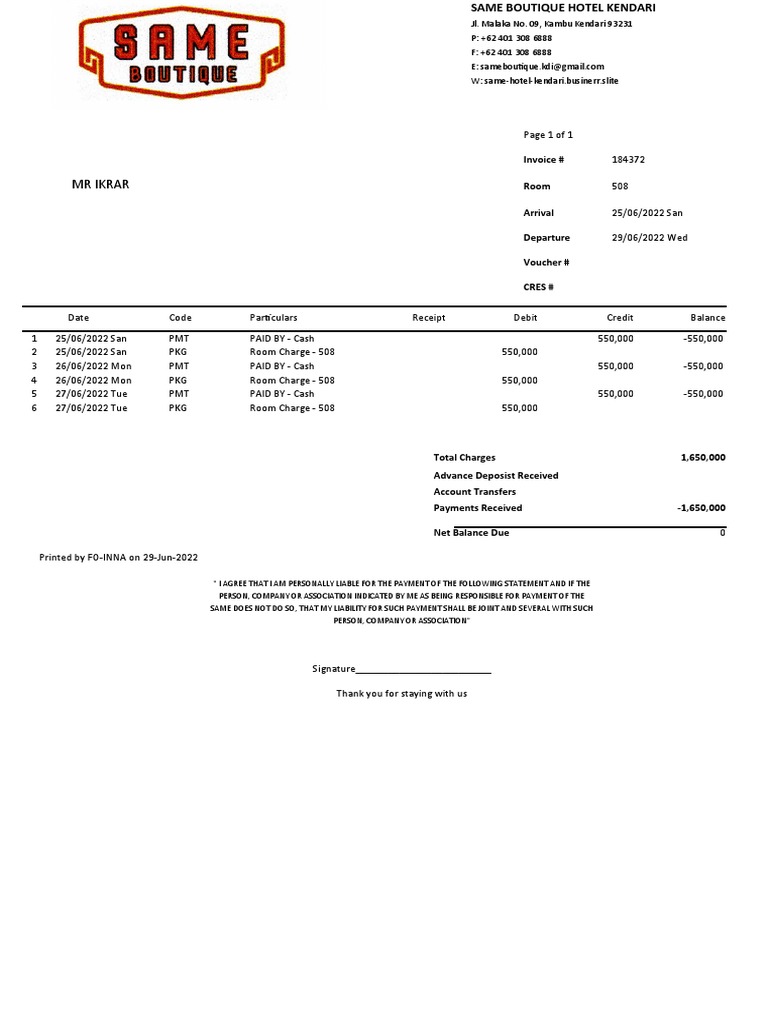 Bill Hotel | PDF | Payments | Debits And Credits