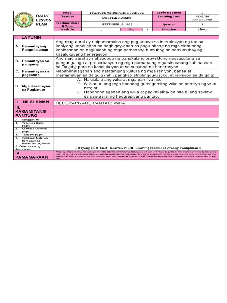 Daily Lesson Plan I. Layunin | PDF